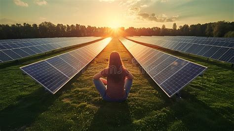 A Woman Meditating In A Green Meadow Next To A Group Of Solar Panels