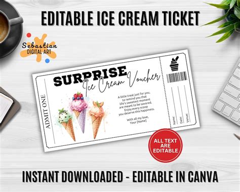 Editable Ice Cream Voucher Ticket Printable Dessert T Certificate