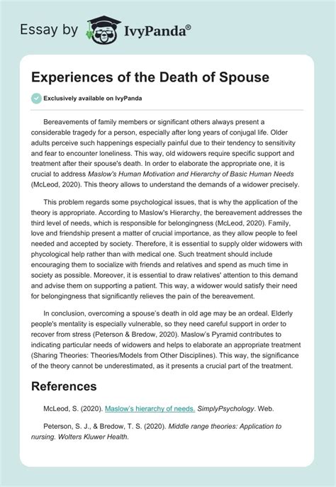 Experiences Of The Death Of Spouse 291 Words Essay Example