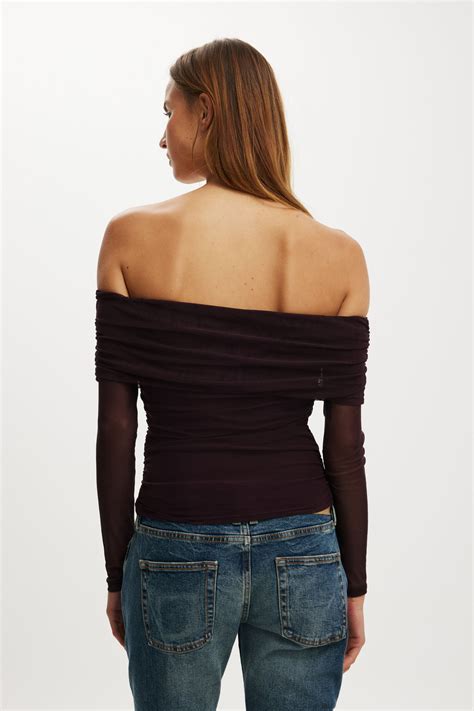 Ashley Off Shoulder Mesh Long Sleeve Top