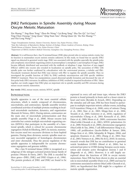 Pdf Jnk2 Participates In Spindle Assembly During Mouse Oocyte Meiotic