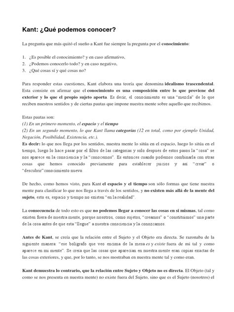 Kant Qué Podemos Conocer Pdf Immanuel Kant Realidad