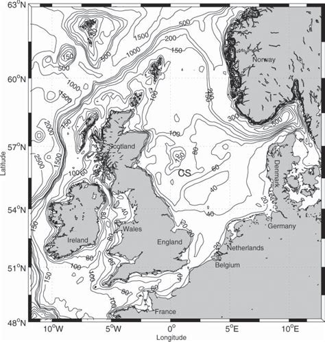 model domain and bathymetry showing the position of station cs from