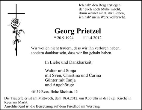 Traueranzeigen Von Georg Prietzel Trauer In Nrw De