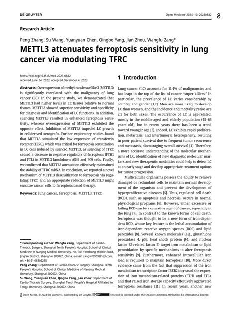 Pdf Mettl3 Attenuates Ferroptosis Sensitivity In Lung Cancer Via