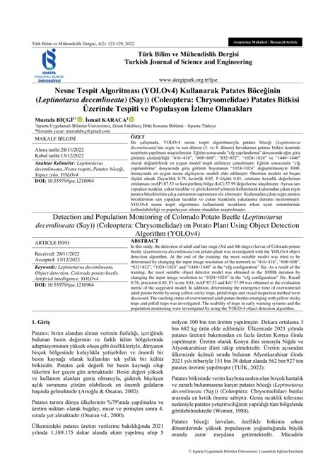 Pdf Nesne Tespit Algoritması Yolov4 Kullanarak Patates Böceğinin Leptinotarsa Decemlineata