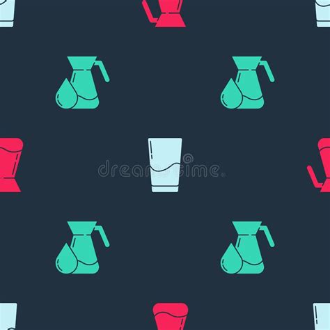 Set Jug Glass With Water Glass And On Seamless Pattern Vector Stock