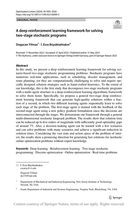 A Deep Reinforcement Learning Framework For Solving Two Stage