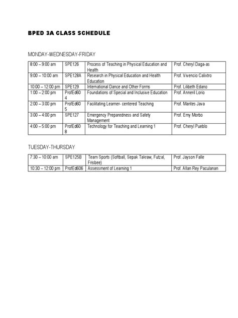 3a Class Schedule Pdf