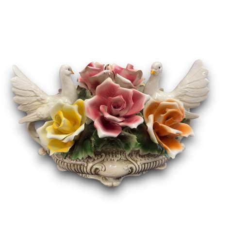 Large Capodimonte Porcelain Flower Basket With Doves