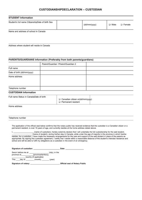 Custodianship Declaration Fillable Form Printable Forms Free Online