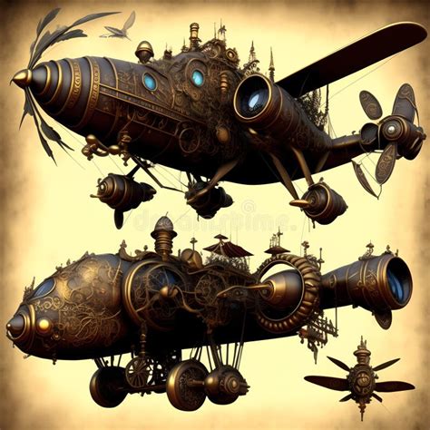 Fantasy Airplane In Steampunk Style Generative Ai Illustration Stock