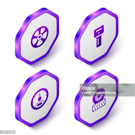 자동차용 아이소메트릭 합금 휠 리모컨이 있는 자동차 키 속도계 및 타이어 아이콘을 설정합니다 보라색 육각형 버튼 벡터 3차원 형태에 대한 스톡 벡터 아트 및 기타 이미지