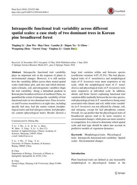 Pdf Intraspecific Functional Trait Variability Across Different