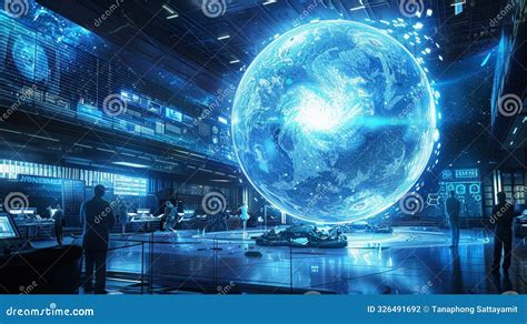 Futuristic Control Room With Holographic Earth A Futuristic Control