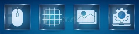 Set Computer Mouse Grid Graph Paper Picture Landscape And Laptop And Gear Square Glass Panels