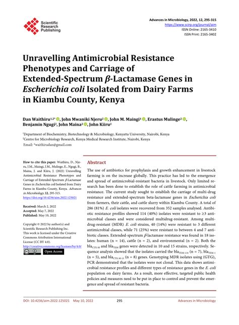 Pdf Unravelling Antimicrobial Resistance Phenotypes And Carriage Of Extended Spectrum β