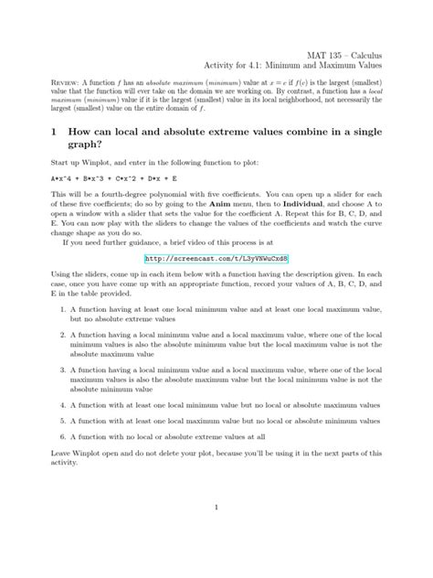 Exploring Minimum And Maximum Values Pdf Maxima And Minima Derivative