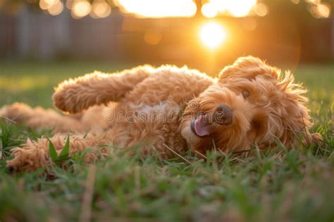 A Goldendoodle Laying In The Grass At Sunset Stock Illustration