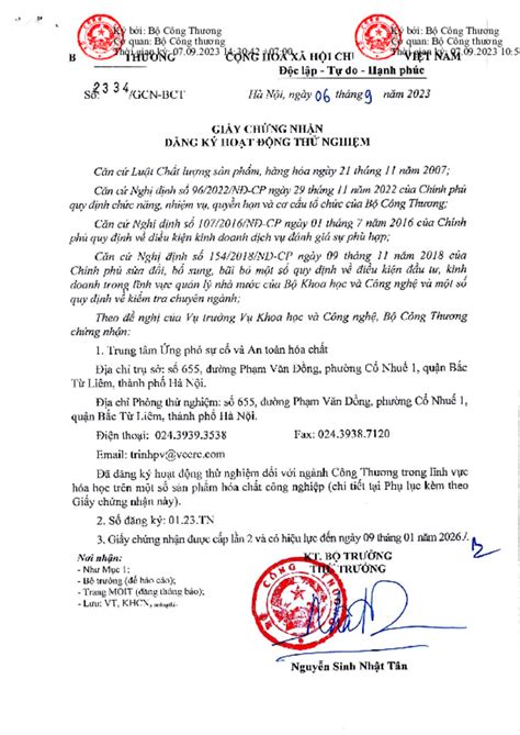 Giấy chứng nhận đăng ký hoạt động thử nghiệm