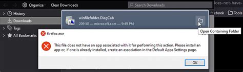 open file location gives file does not have an app associated