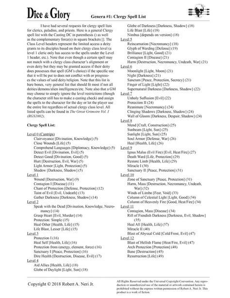 Genera 1 Clergy Class Spellcasting List Ranger Games Publishing