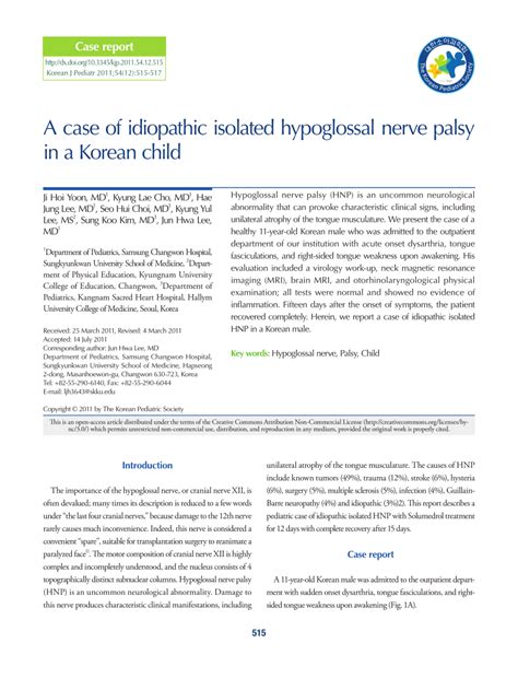 Pdf A Case Of Idiopathic Isolated Hypoglossal Nerve Palsy In A Korean