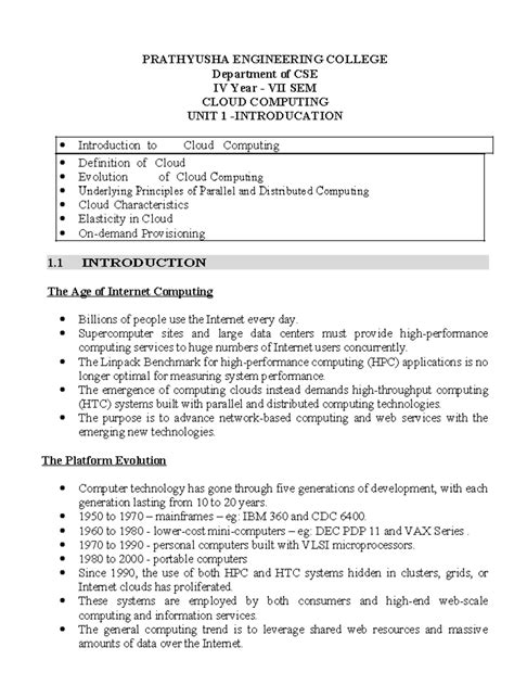 UNIT Notes PRATHYUSHA ENGINEERING COLLEGE Department Of CSE IV Year VII SEM CLOUD