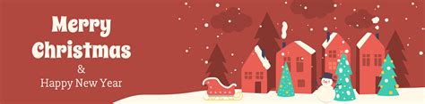 메리 크리스마스 배너 디자인입니다 귀여운 빨간 집과 장난감 산타 클로스 썰매 행복한 눈사람이 있는 축제 전나무가 있는 겨울 눈 도시가 있는 크리스마스 파티 초대장