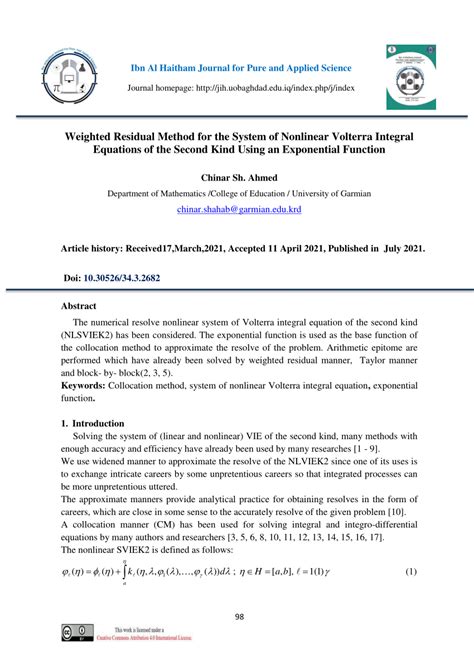 PDF Weighted Residual Method For The System Of Nonlinear Volterra Integral Equations Of The