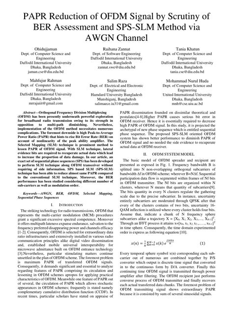 Pdf Papr Reduction Of Ofdm Signal By Scrutiny Of Ber Assessment And Sps Slm Method Via Awgn