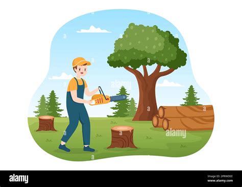 People Tree Cutting And Timber With Truck Chainsaw Wooden And Tools
