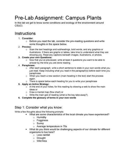 Pre Lab Pre Lab Pre Lab Assignment Campus Plants In This Lab We