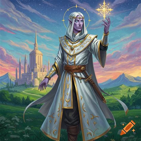 A White Robed Cleric With A Glowing Staff Looks Towards The Sky Under A