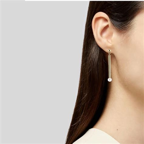 Cultured Akoya Pearl Stick Dangle Modern Earrings 14k Yellow Gold T