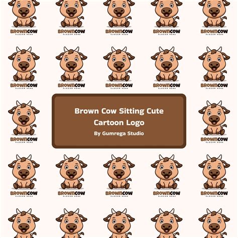 Brown Cow Sitting Cute Cartoon Logo Masterbundles