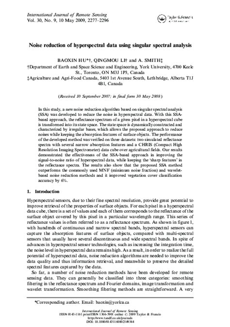 Pdf Noise Reduction Of Hyperspectral Data Using Singular Spectral Analysis