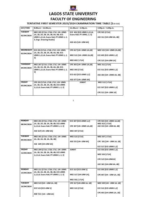 New Tentative Engineering Exam Timetable 20232024 First