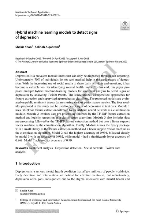 pdf hybrid machine learning models to detect signs of depression