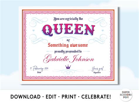 Editable The Queen Certificate Printable Custom Award Certificate Fun