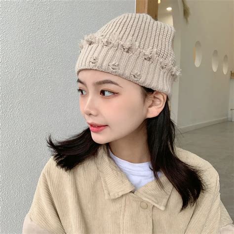 찢어진 니트 모자 여성 가을 겨울 한국 스타일 비니 모자 남성 힙합 스트리트 중국 집주인 모자 한국 모직 모자womens Visors Aliexpress