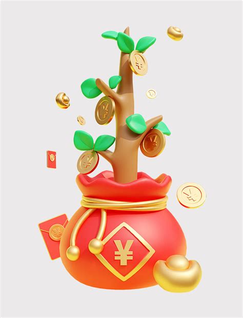 卡通3d立体金币福袋发财树