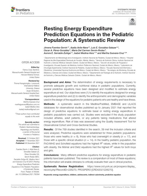 Resting Energy Expenditure Prediction Equations In The Pediatric