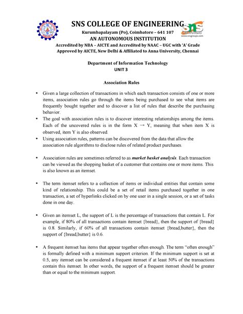 Unit 3 Affiliated Unit 3 Notes Bda Unit 3 Association Rules Given A