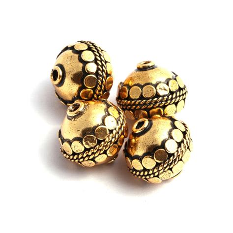 4 Antique Gold Plated Bali Beads 14mm Round Copper Beads Etsy
