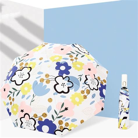 그림 접는 검은 색 접착제 태양 우산 세 접는 맑은 비 우산 스타일 자동 페인트 스프링