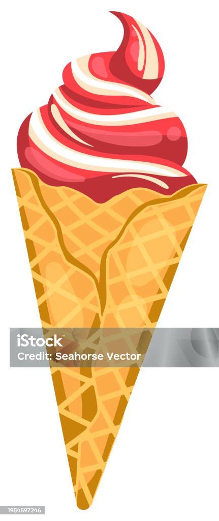딸기와 바닐라 소프트 아이스크림 콘 와플 콘 그림에 소용돌이 디저트 달콤한 냉동 치료 여름 스낵 벡터 일러스트 레이 션 0명에