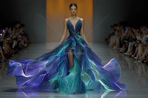 Model Walking On The Catwalk Wearing A Blue Purple Gradient Dress Image