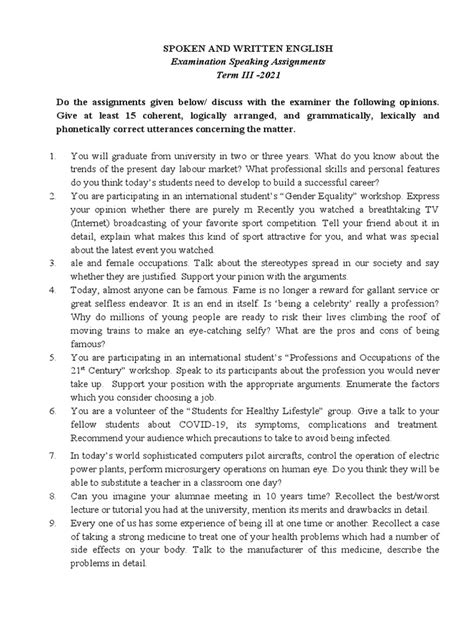 Examination Speaking Assignments Term Iii 2021 Pdf Infection Sports