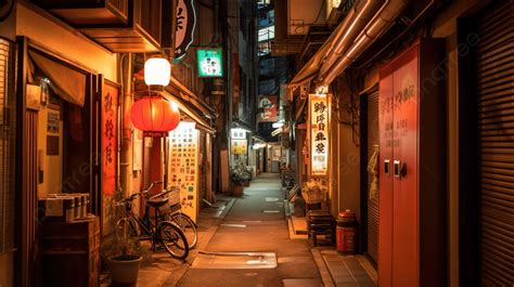 Narrow Alley In Japan With Lamps And A Bike Background Back Alley Of